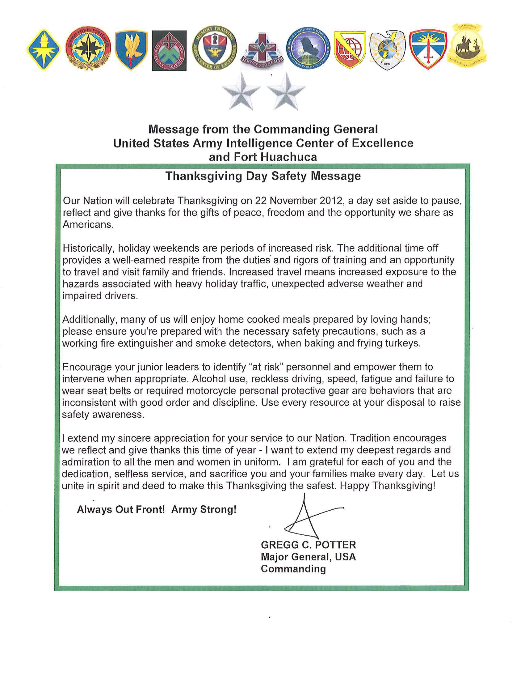 Thanksgiving Holiday Message from MG Gregg C. Potter | Article | The ...