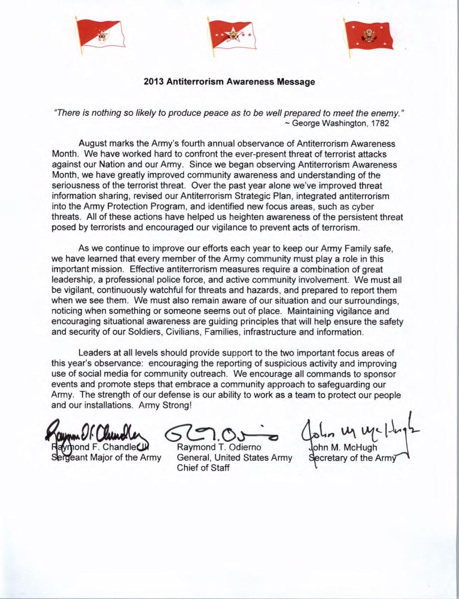 2013 Antiterrorism Awareness Message tri-signed letter | Article | The ...