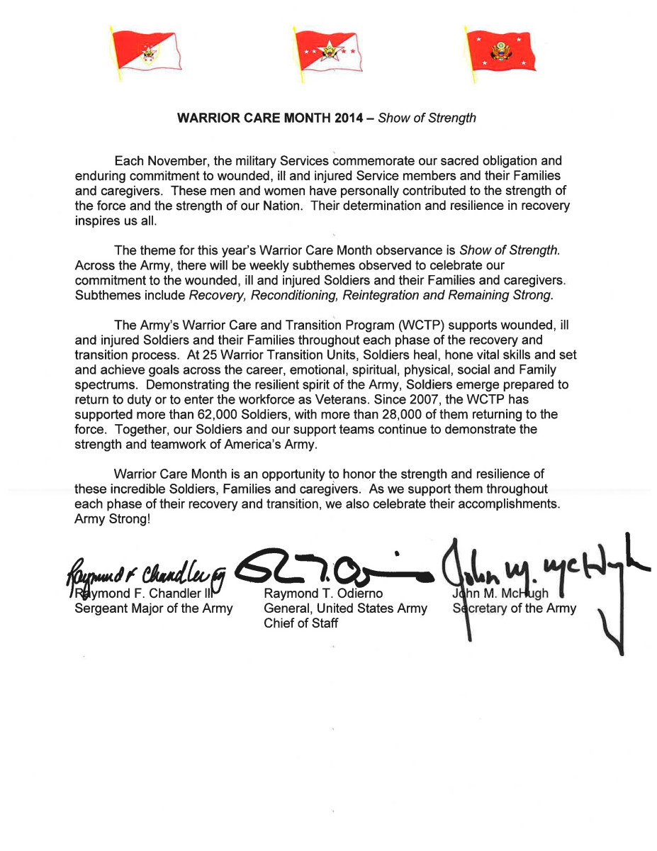 2014 Warrior Care Month tri-signed letter | Article | The United States ...