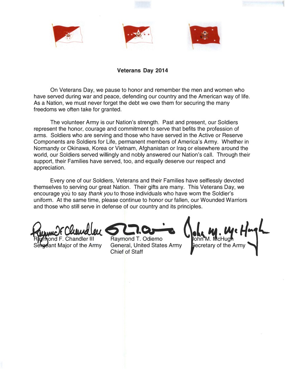 2014 Veterans Day tri-signed letter | Article | The United States Army