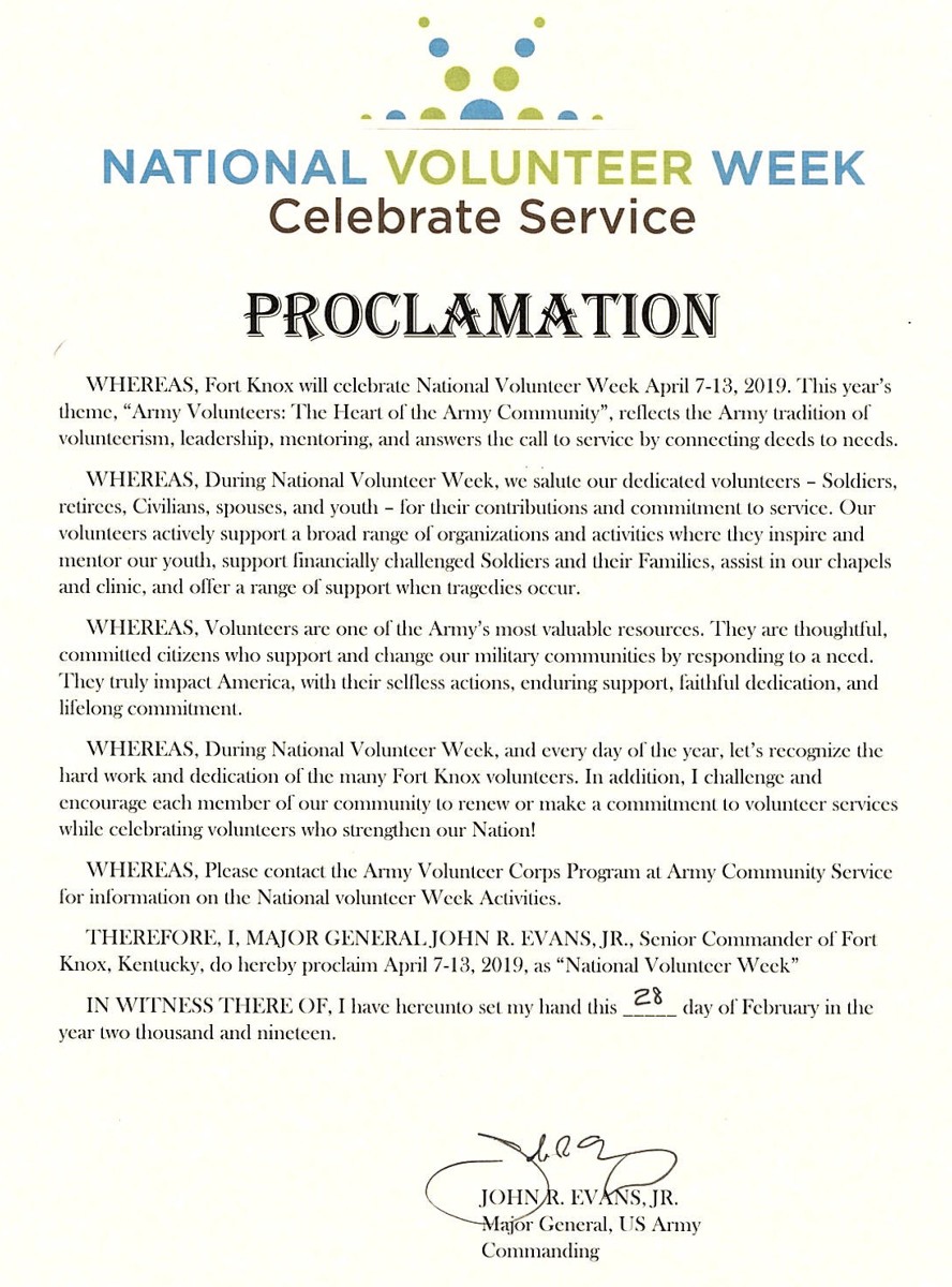 Fort Knox commander delivers Volunteer Week proclamation | Article ...