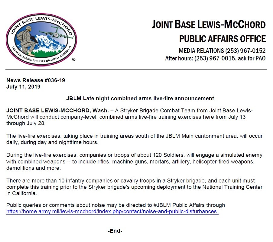JBLM Late night combined arms live-fire announcement | Article | The ...