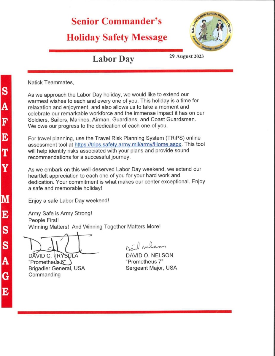 Senior Commander's NSSC Labor Day Safety Message | Article | The United ...